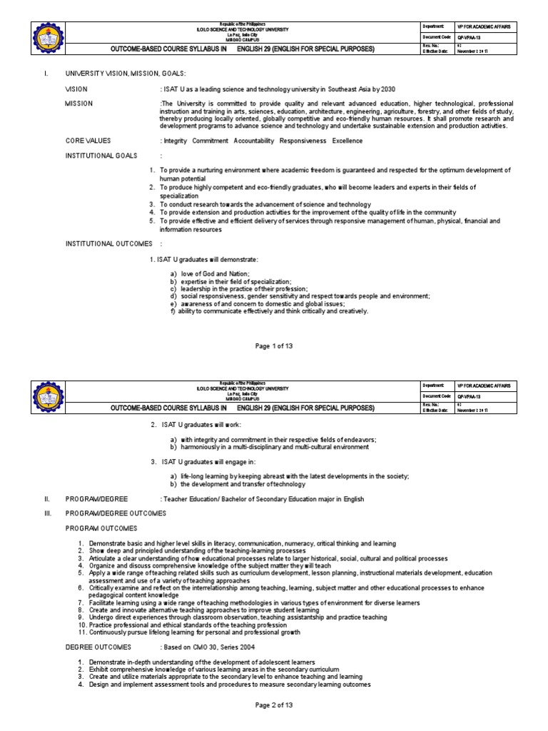 English 29: Outcome-Based Syllabus | PDF | Lifelong Learning | Curriculum