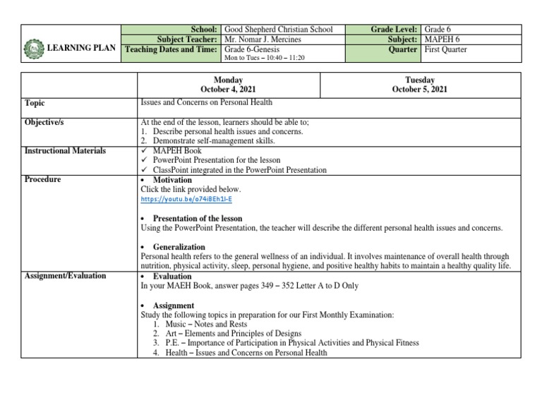 Grade 6 MAPEH Personal Health Plan | PDF | Physical Education ...