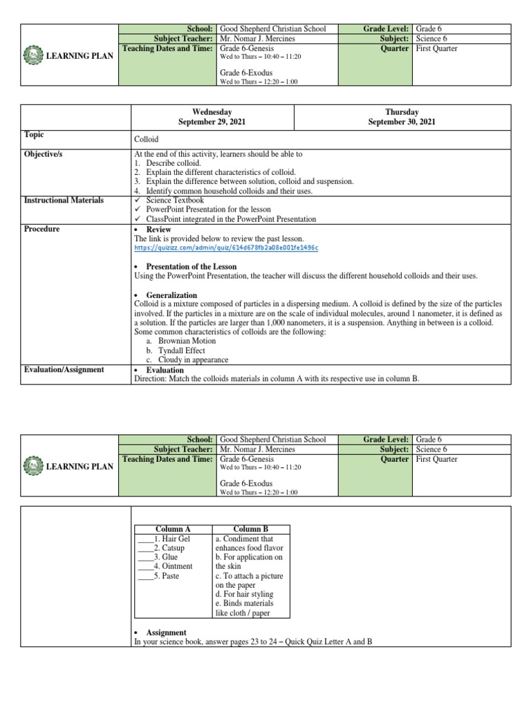 Learning-Plan Science 6 - Sept - 29 & 30 | PDF | Colloid | Particle