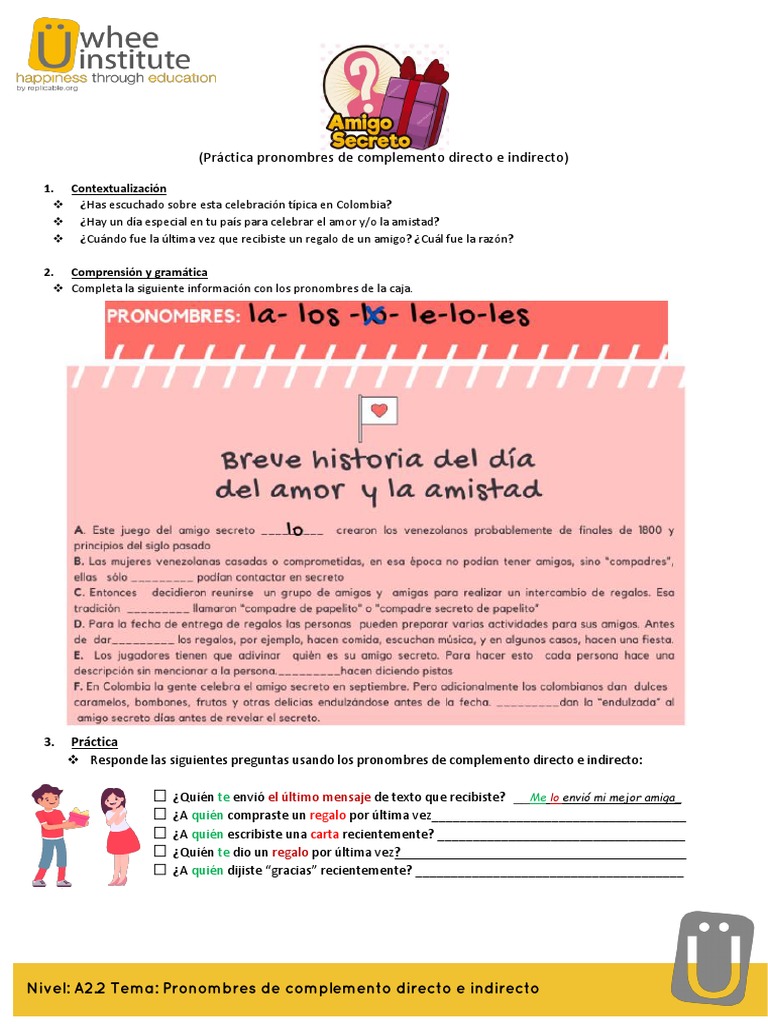 Tarea Pronombres de Complemento Directo e Indirecto A2.2 C | PDF