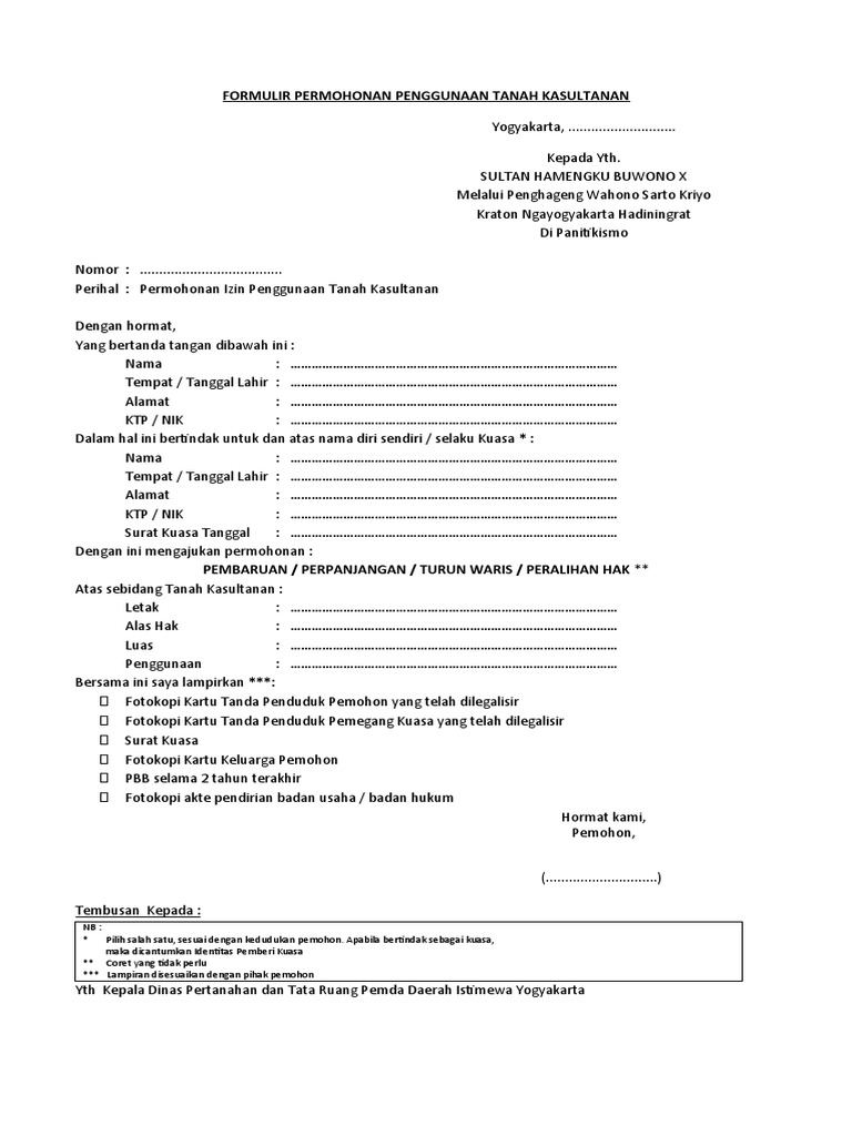 Formulir Permohonan Izin Penggunaan Tanah Kasultanan 3063 | PDF