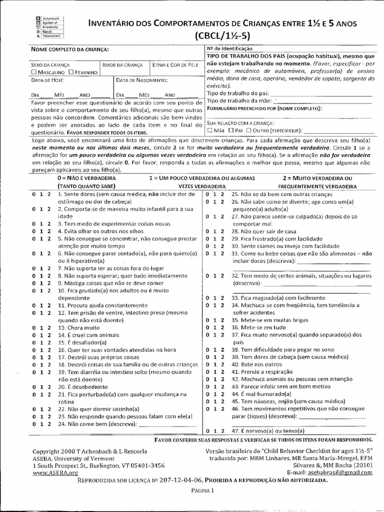 Inventário Dos Comportamentos de Crianças Entre 1 Ano e Meio e 5 Anos ...