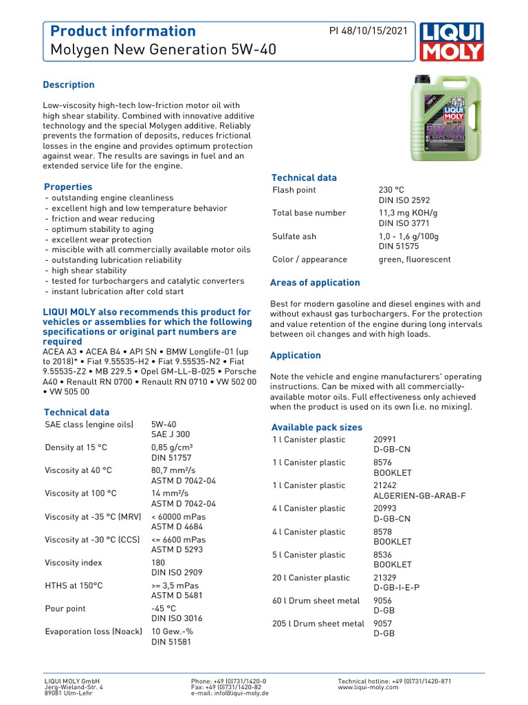 Molygen New Generation 5W-40 Info | PDF | Motor Oil | Mechanical ...
