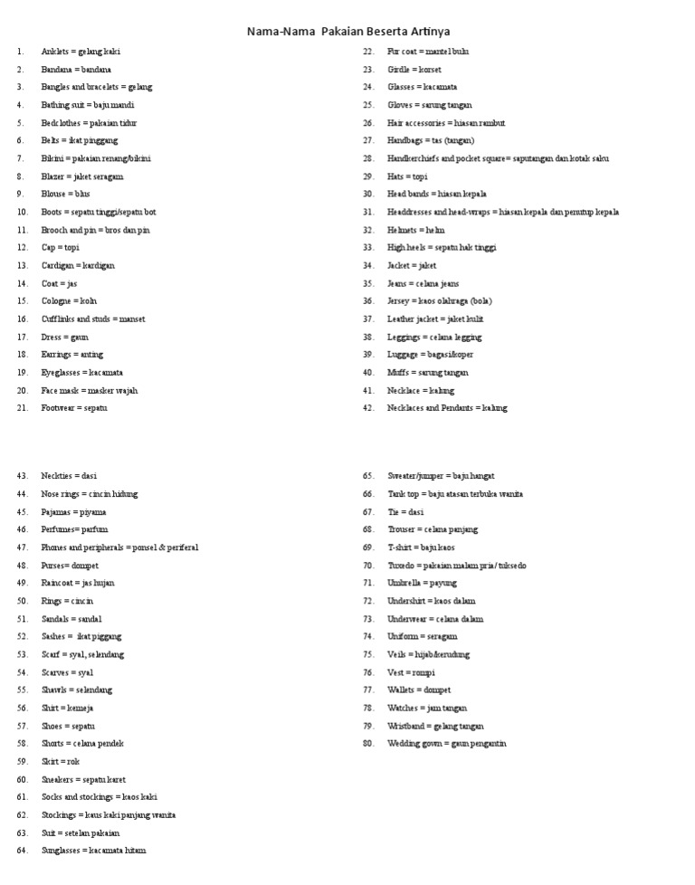 Nama-Nama Pakaian Beserta Artinya | PDF | Clothing | Fashion