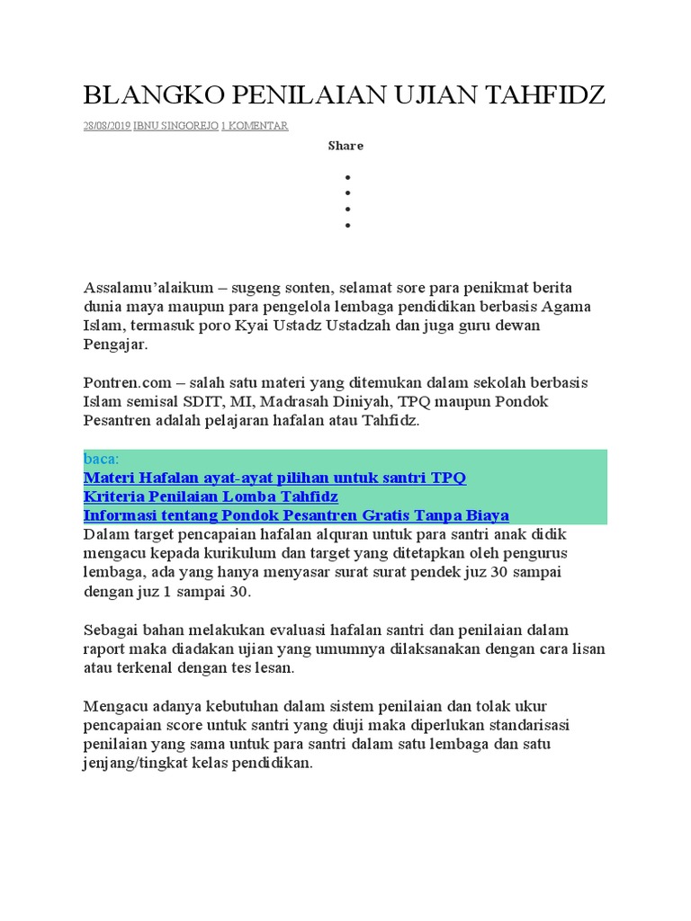 Blangko Penilaian Ujian Tahfidz | PDF