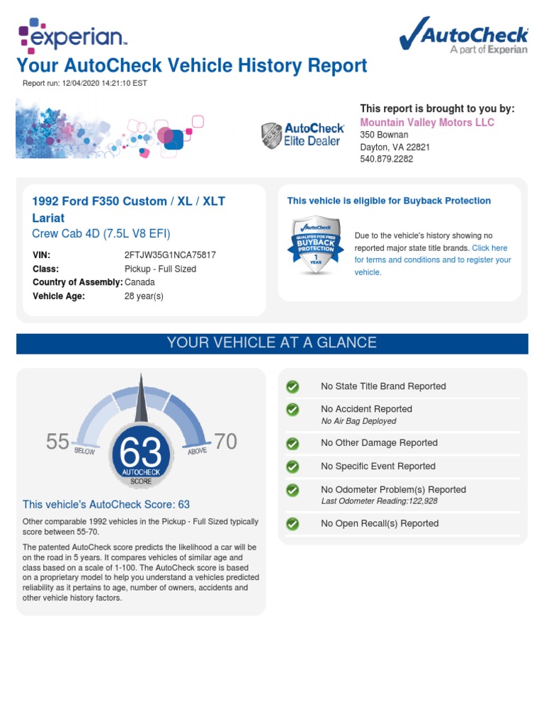 Your Autocheck Vehicle History Report | Download Free PDF | Department ...