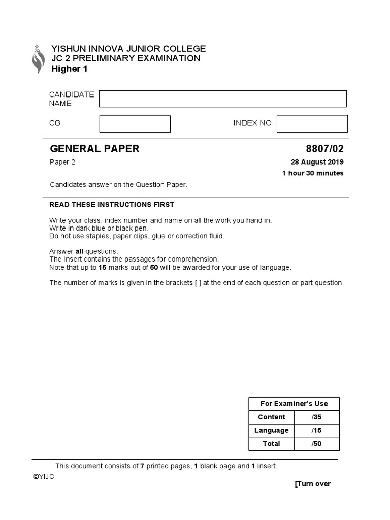 YIJC GP Prelim P2 - Ans Booklet | PDF | Cognition | Communication
