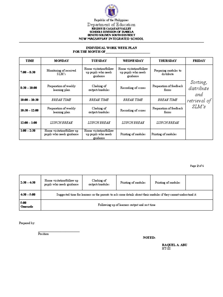 Sample Work Week Plan Template | PDF | Cognition | Learning