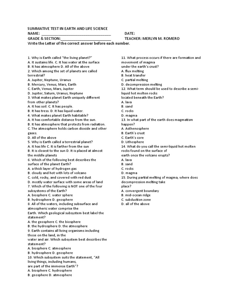 Grade 11 Earth and Life Science Test | PDF | Earth | Magma