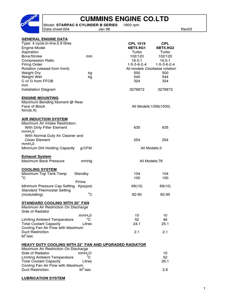 Cummins Engine Co - LTD: General Engine Data CPL 1519 CPL 6BT5.9G1 6BT5.9G2 | PDF | Engines ...