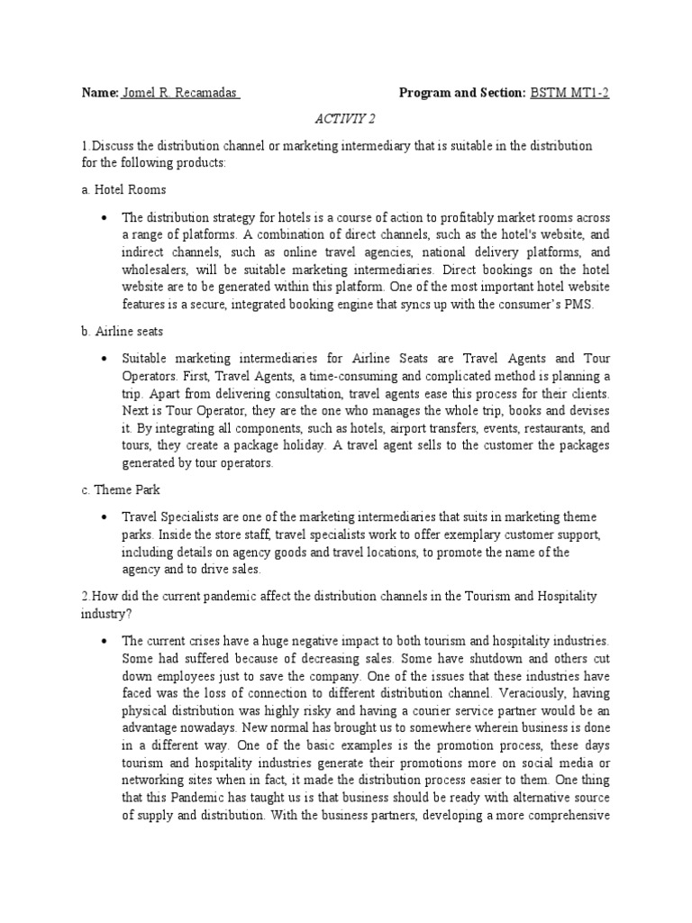 Name: Jomel R. Recamadas Program and Section: BSTM MT1-2 | PDF | Travel ...
