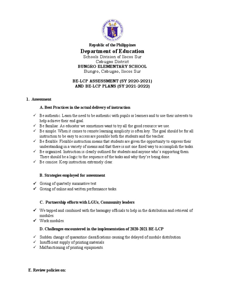 Pila ES 100416 BE LCP Assessment 2021 2022 | PDF | Learning | Teachers