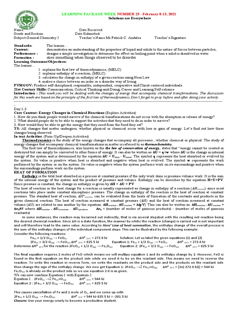 Week 23 Chemistry Learning Package | PDF | Enthalpy | Heat