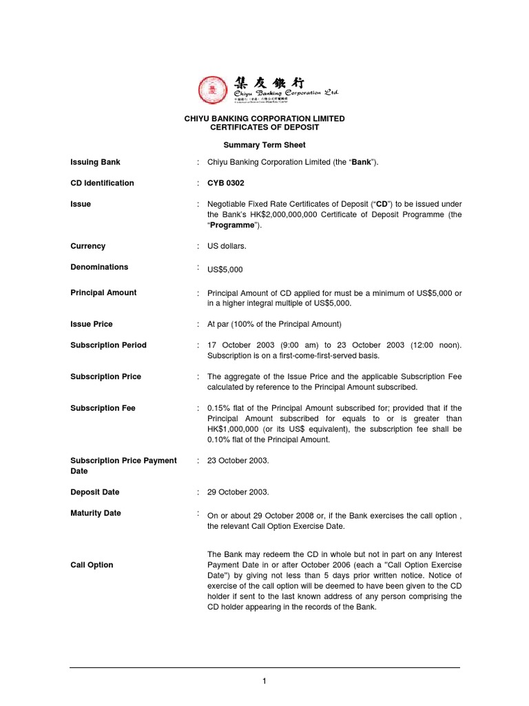 Chiyu NCD Summary Term Sheet | PDF | Banks | Option (Finance)