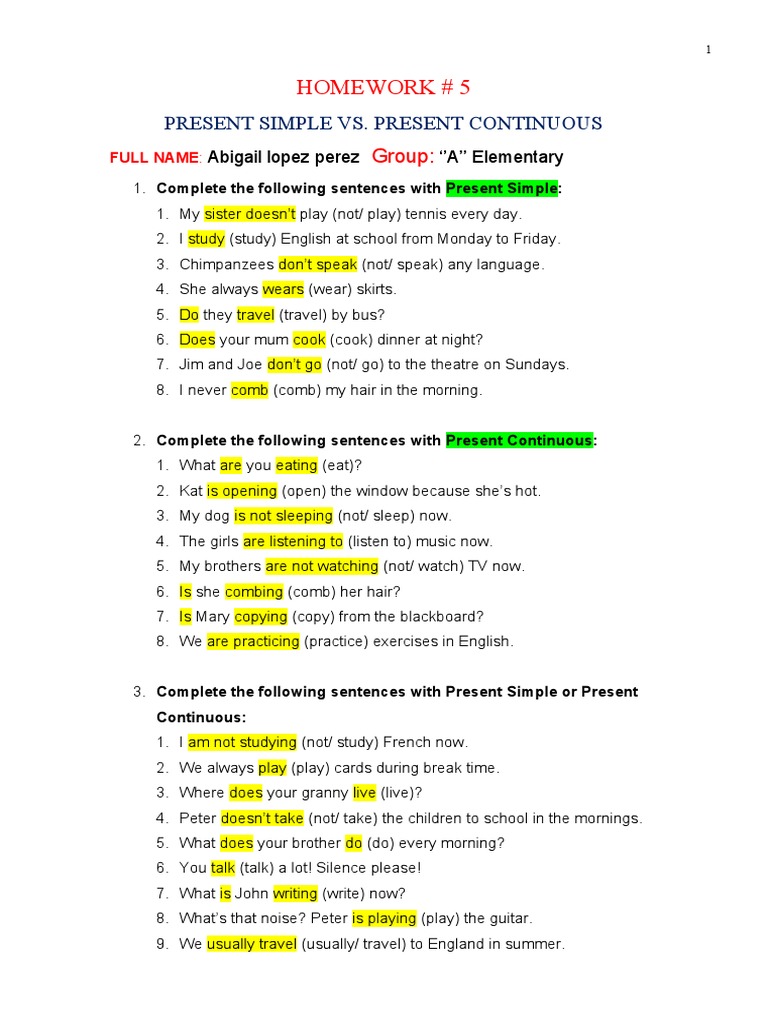 Homework # 5 (Present Simple and Present Continuous) | PDF | Foreign ...