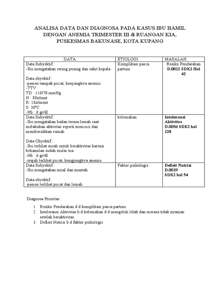 ANALISA DATA DAN DIAGNOSA PADA KASUS IBU HAMIL DENGAN ANEMIA TRIMESTER III Di RUANGAN KIA | PDF