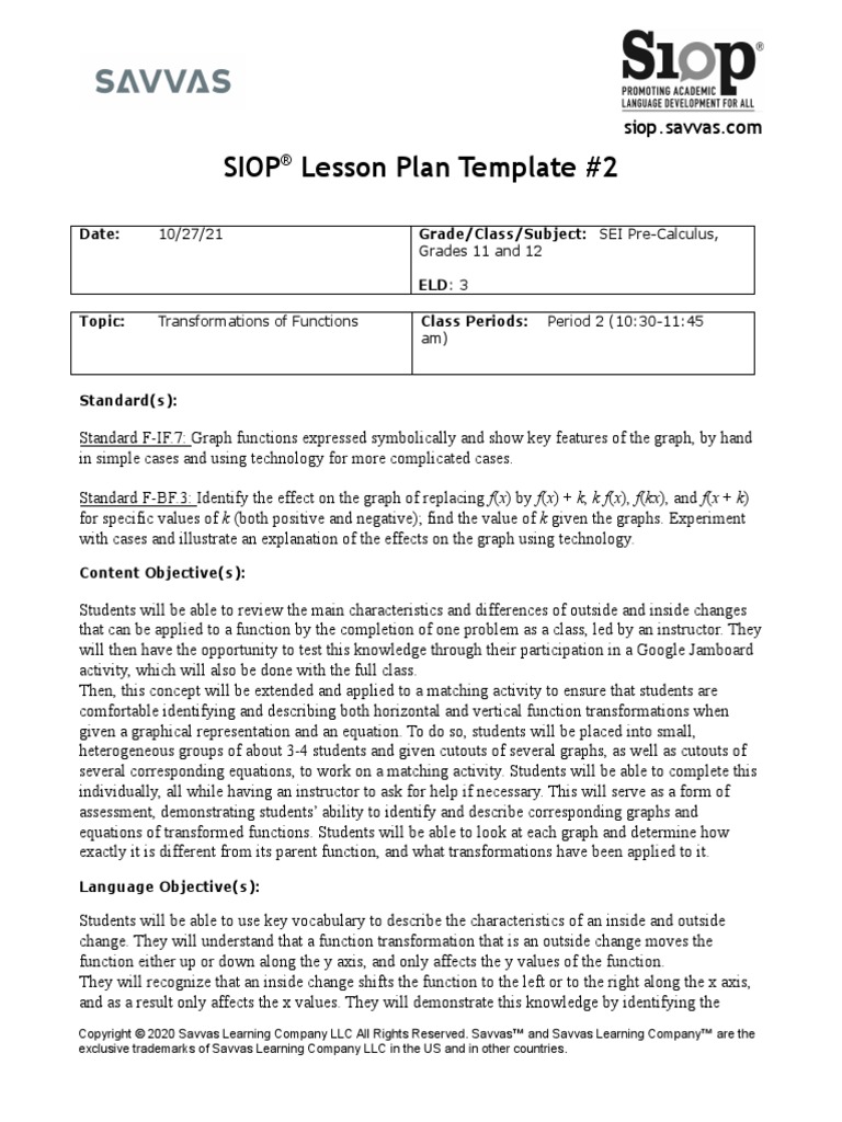 2-Siop Lesson Plan Template - 2020 | PDF | Function (Mathematics ...