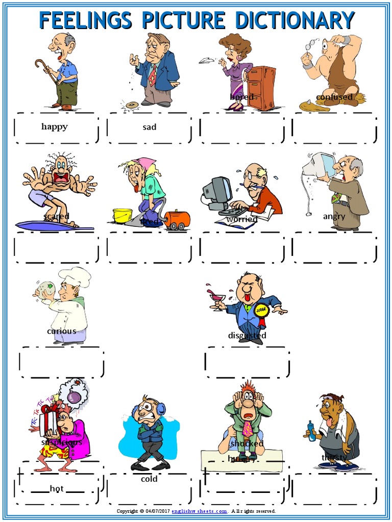 Feelings Emotions Vocabulary Esl Picture Dictionary Worksheet For Kids ...