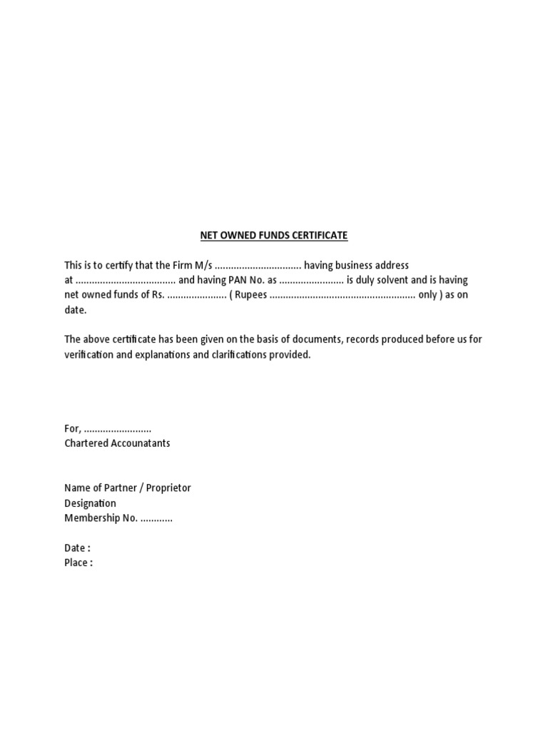 Net Owned Funds Certificate Template | PDF