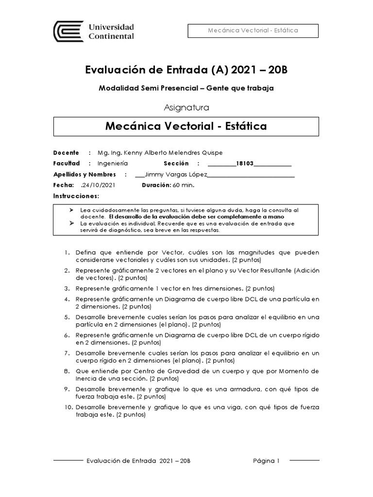 Evaluación Diagnostica - MVE - Jimmy Vargas López | PDF | Vector Euclidiano | Mecanica clasica