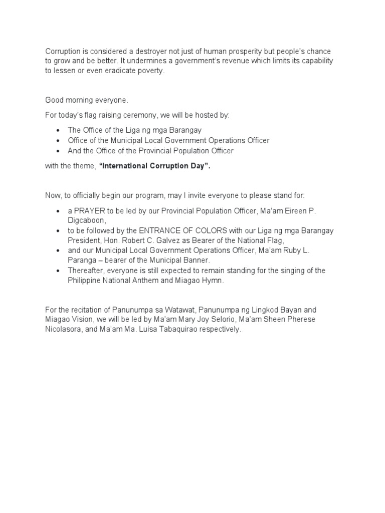 Script - Flag Raising Ceremony | PDF | Corruption | Popular Culture ...