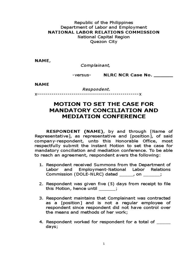 Motion for Conciliation and Mediation | PDF | Employment | Economies
