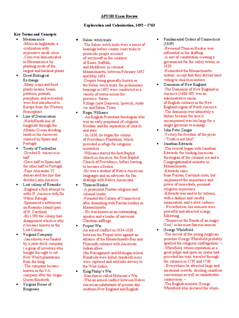 APUSH Exam Review Exploration and Colonization, 1492 - 1763 Key Terms ...