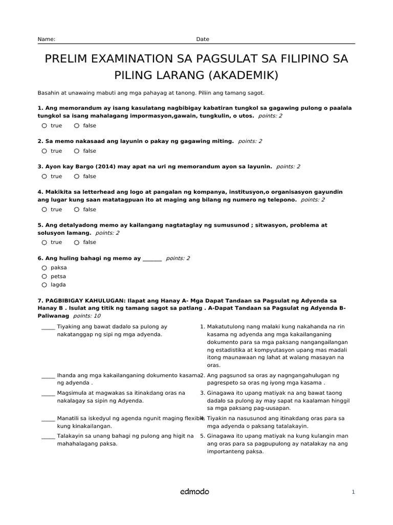 Prelim Examination Sa Pagsulat Sa Filipino Sa Piling Larang (Akademik ...