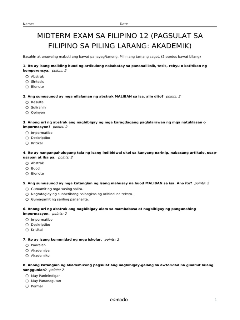 Midterm Exam Sa Filipino 12 (Pagsulat Sa Filipino Sa Piling Larang - Akademik) | PDF