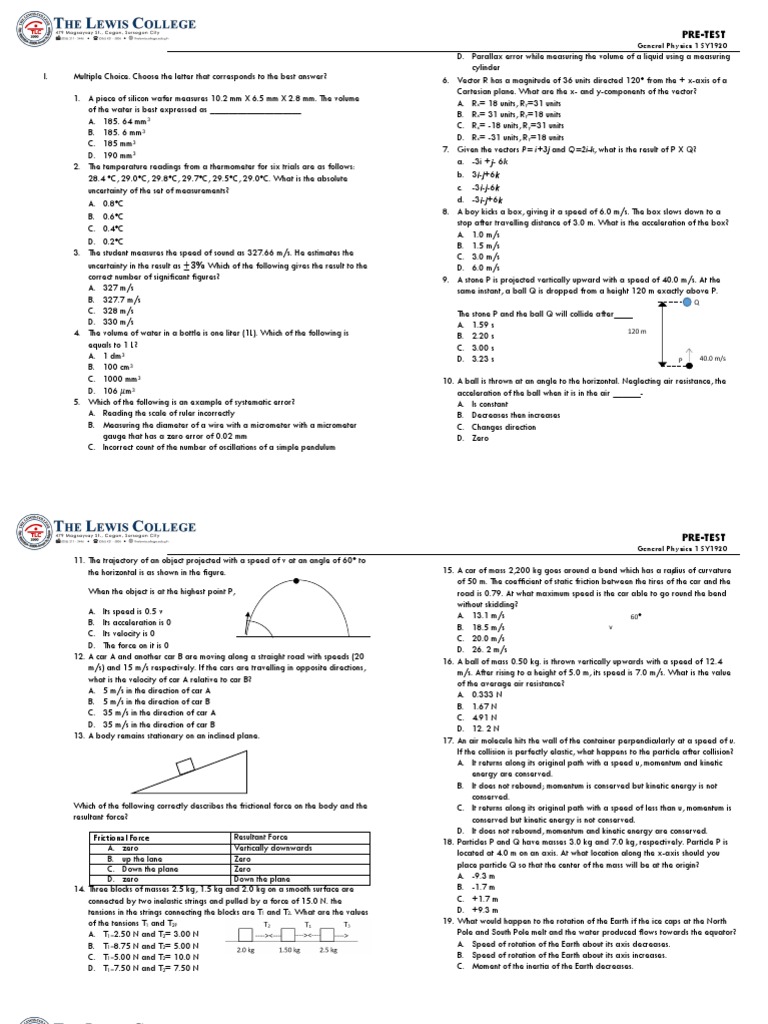 PRE TEST General Physics 1 | PDF | Kinetic Energy | Momentum