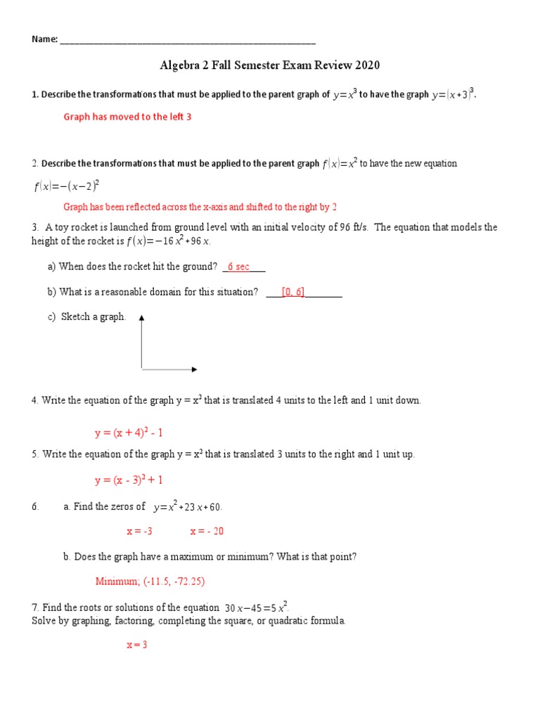 Algebra 2 Fall Semester Exam Review 2020: Graph Has Moved To The Left 3 ...