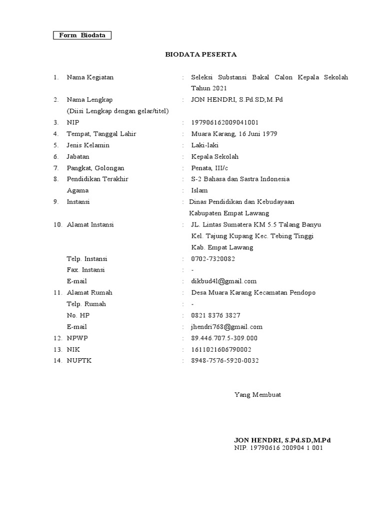 Form Biodata Sekolah Kepala 2021 | PDF
