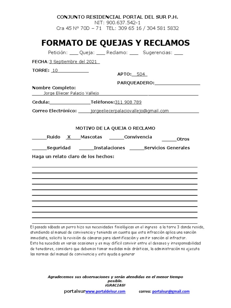 Formato de Quejas y Reclamos | PDF