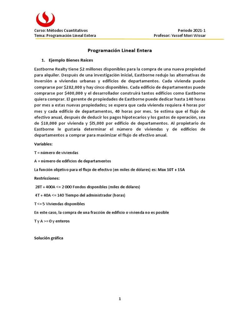 Explicacion PL Entera | PDF | Programación lineal | Análisis de sistemas