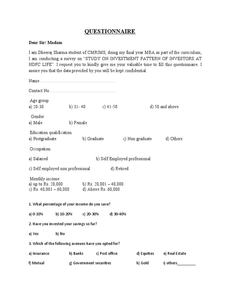 Investment Pattern Survey at HDFC Life | PDF | Investing | Money