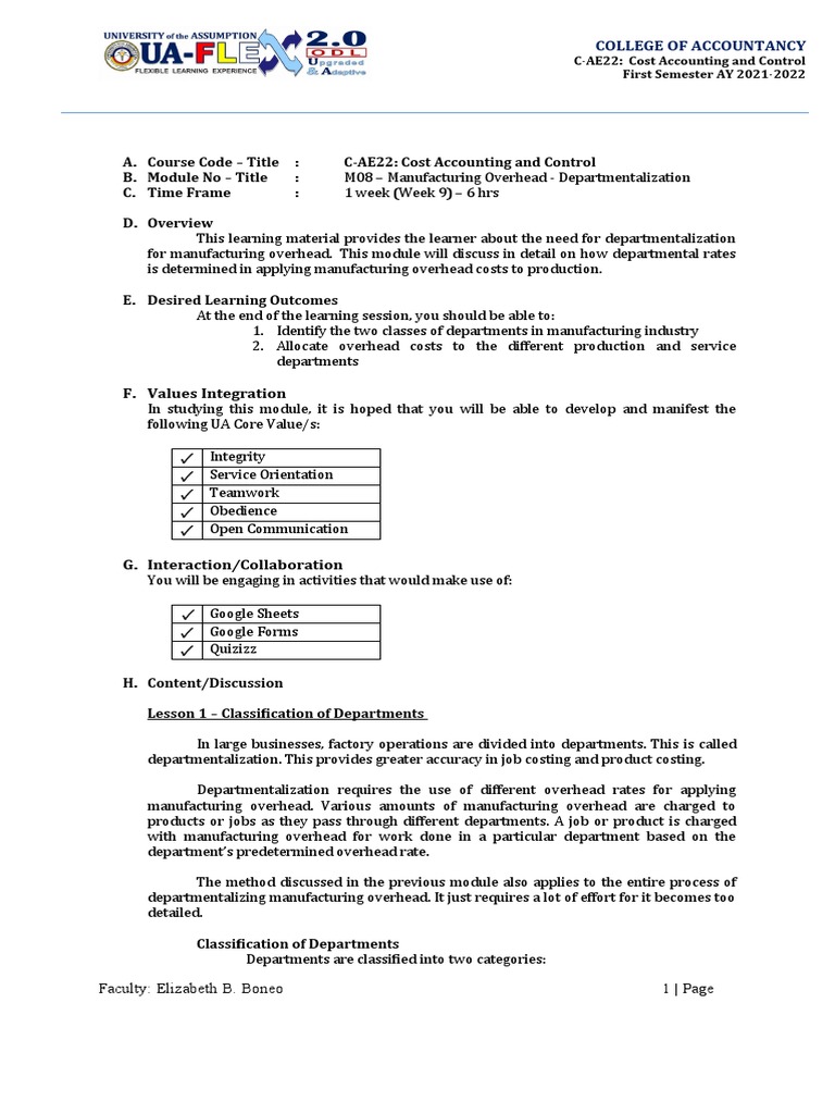 Manufacturing Overhead Departmentalization | PDF | Cost Accounting ...