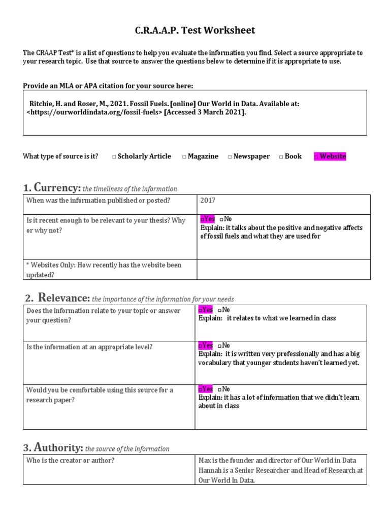 C.R.A.A.P. Test Worksheet: 1. Urrency | PDF | Communication | Cognition