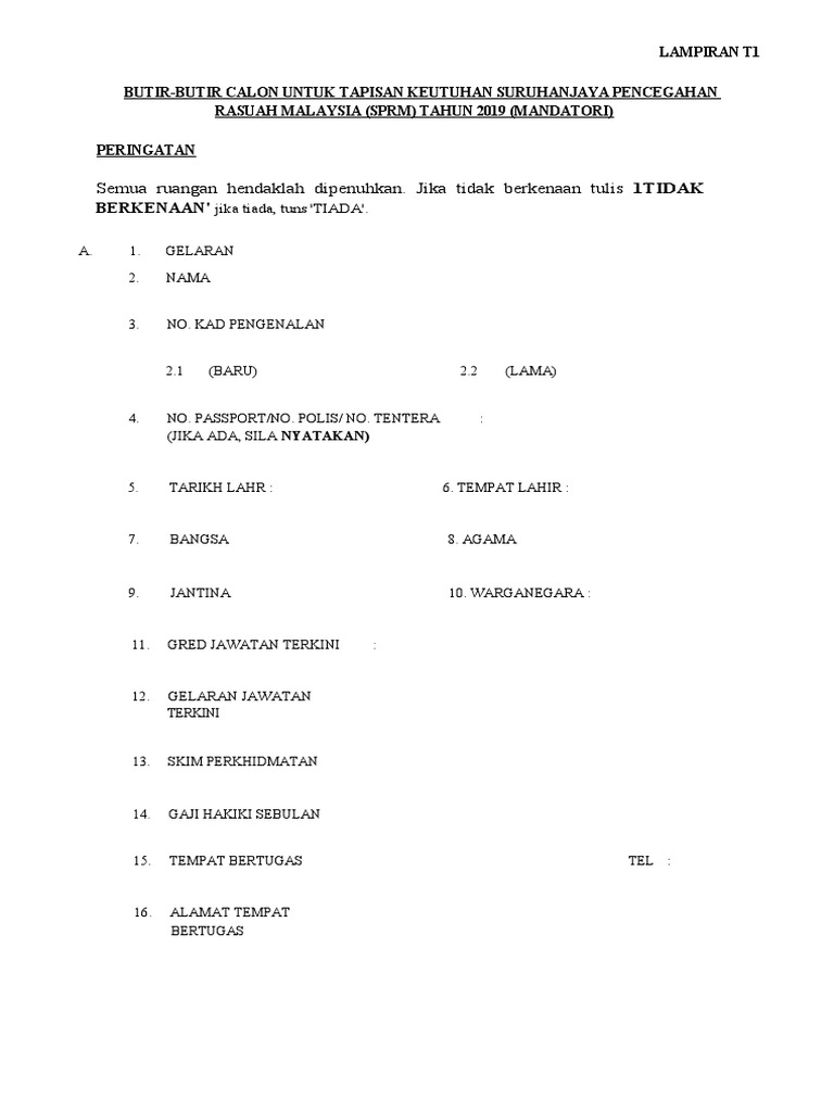 Lampiran t1 Borang Tapisan Keutuhan SPRM 2019 | PDF