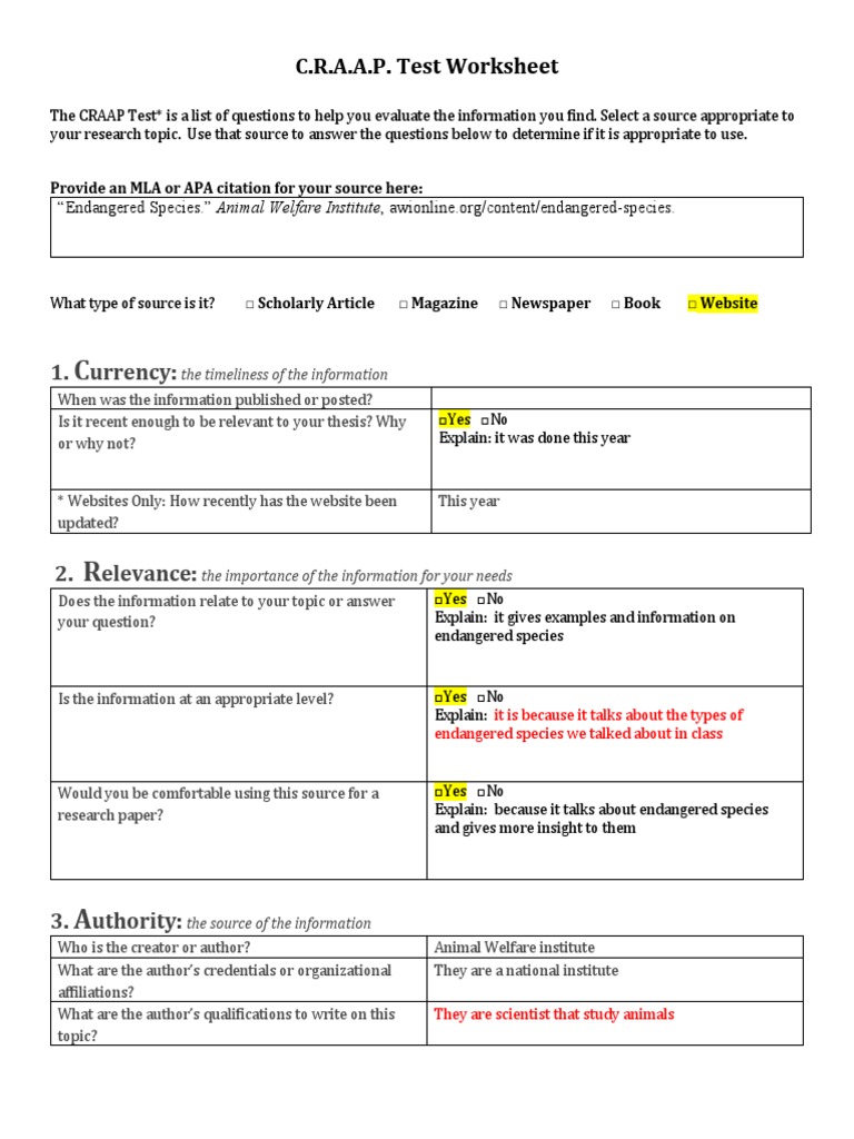 CRAAP Test Worksheet - Water Pollution | PDF | Cognition | Communication