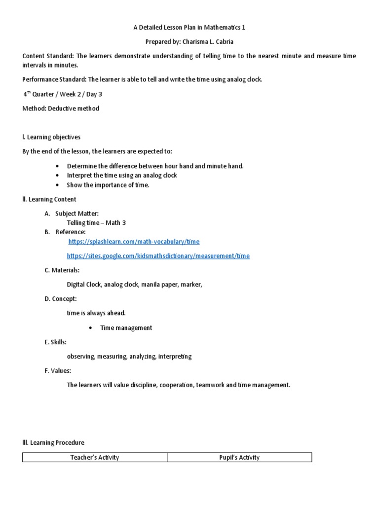 A Detailed Lesson Plan in Mathematics 1 | PDF | Clock | Time