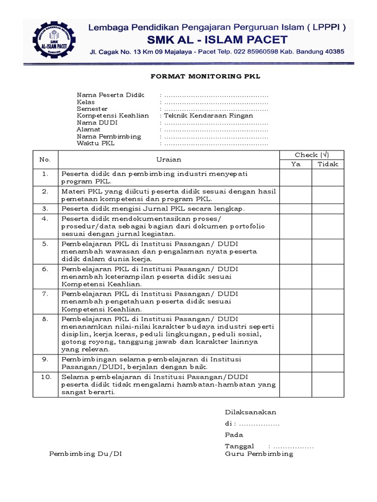 Format Lembar Monitoring PKL SMK | PDF | Karier & Perkembangan