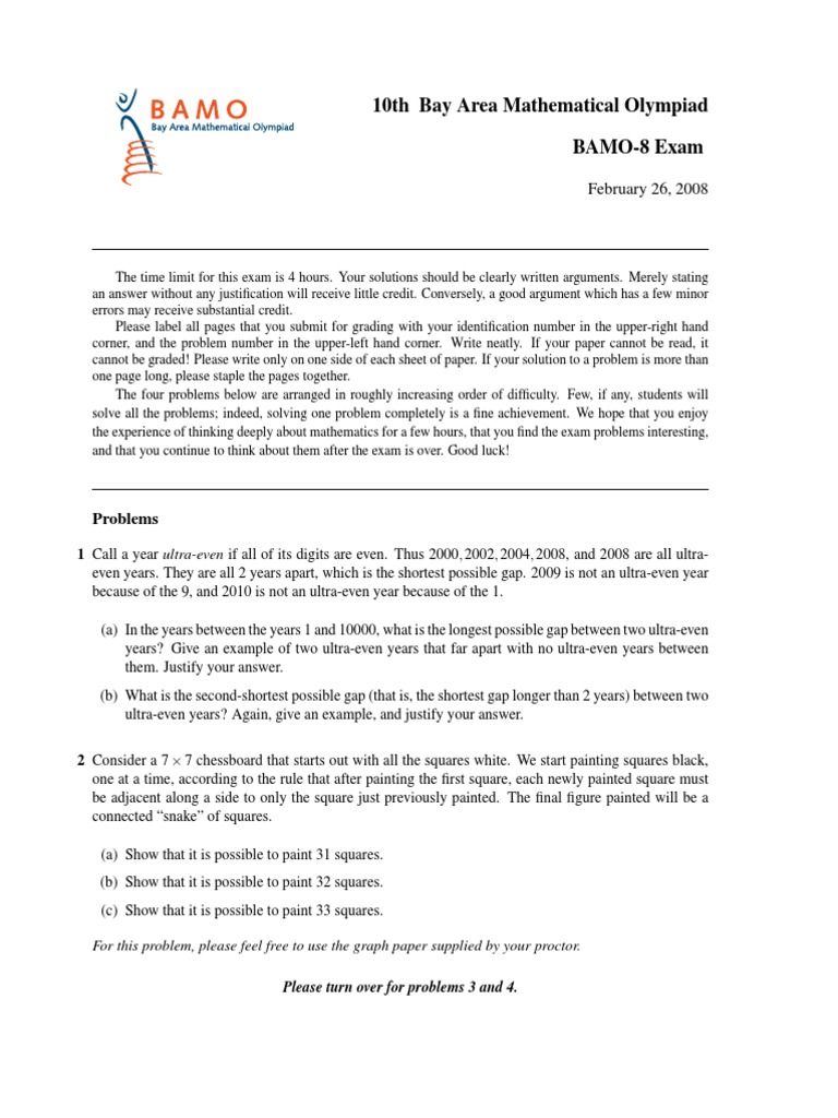 10th Bay Area Mathematical Olympiad BAMO-8 Exam: Problems | PDF ...