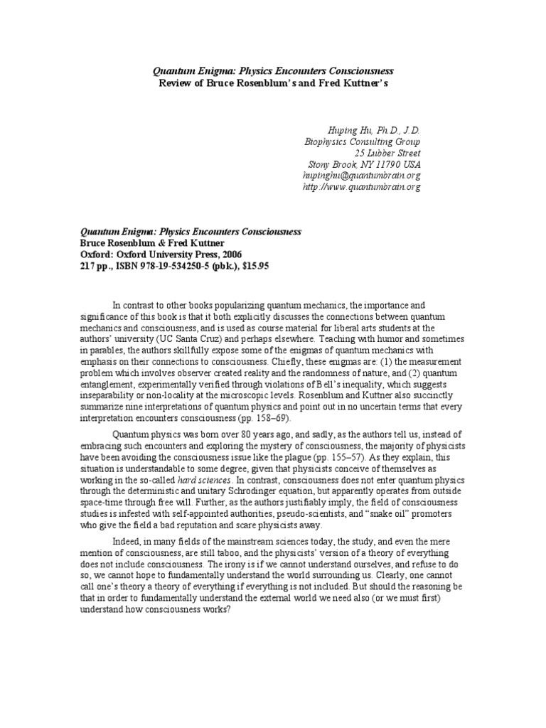 Review of Bruce Rosenblum's and Fred Kuttner's: Quantum Enigma: Physics ...