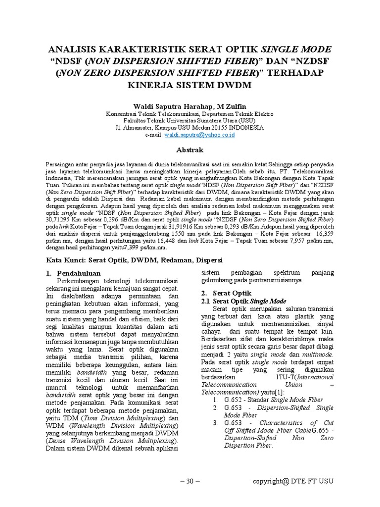 Analisis Karakteristik Serat Optik Single Mode "NDSF (Non Dispersion ...