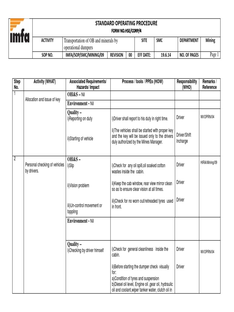SOP for OB Transportation in Mining | PDF | Traffic | Truck