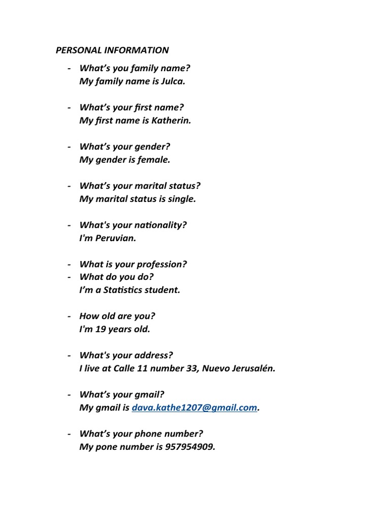 Personal Information | PDF | Social Science | Lifestyle