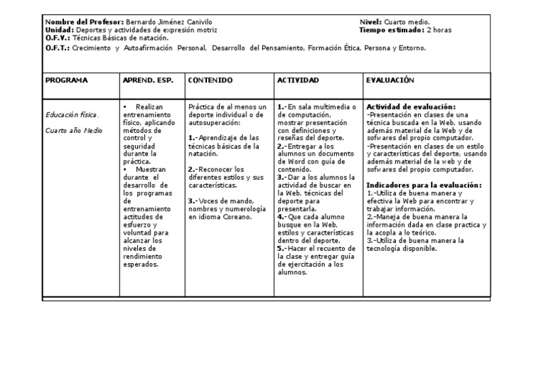 Planificación Natacion 4to Medio Pdf Nadando Deportes