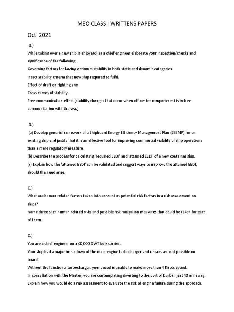 Meo Class 1 - 2021 Written Papers | PDF | Ships | Fuel Oil