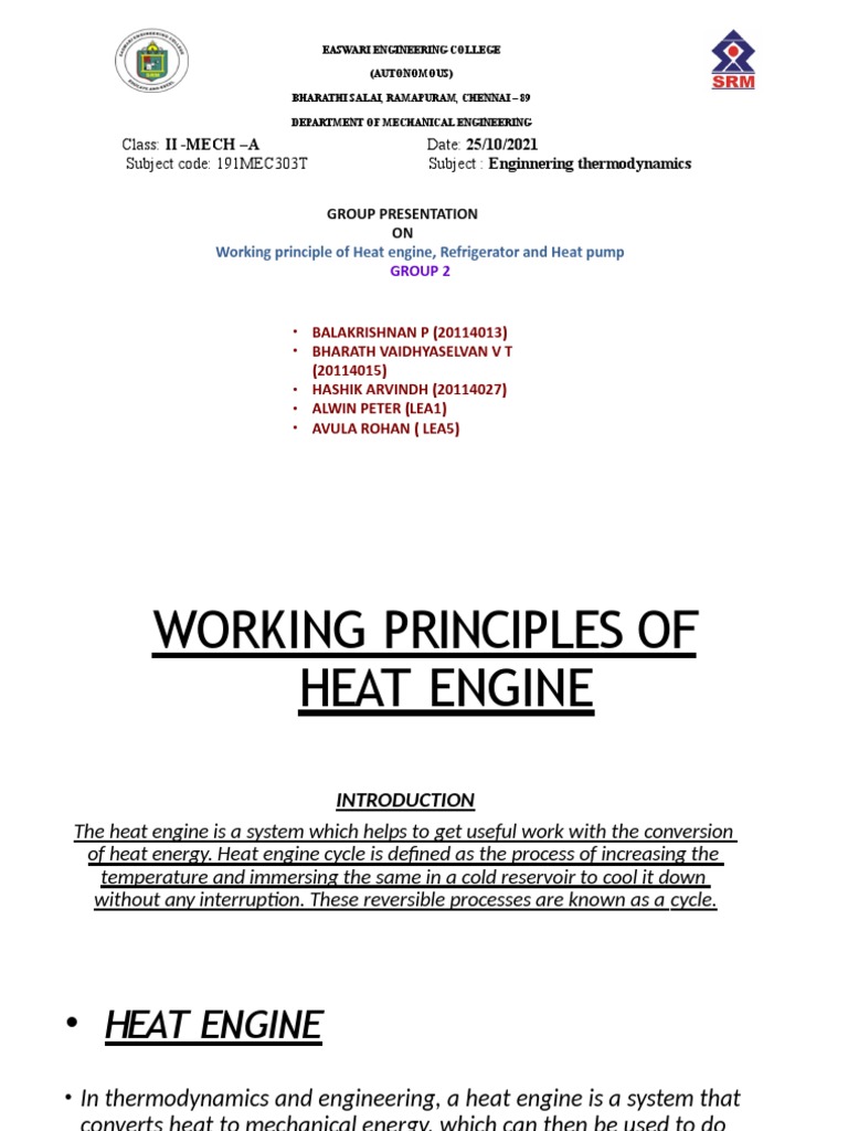 (PPT) Working Principles of Heat Engine, Refrigerator and Heat Pumps ...