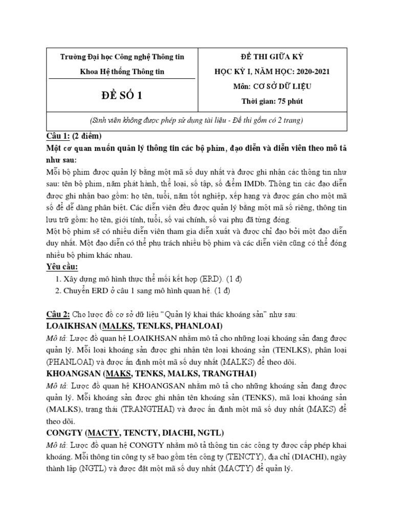 De Thi Giua Ky CSDL Hk2 2020 2021 | PDF